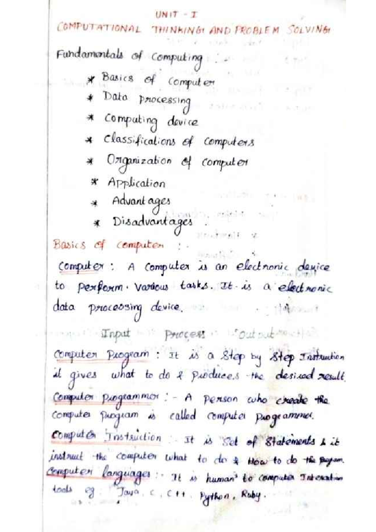 PSPP Unit -1 Hand writing study material - Problem Solving and Python Programming - Studocu