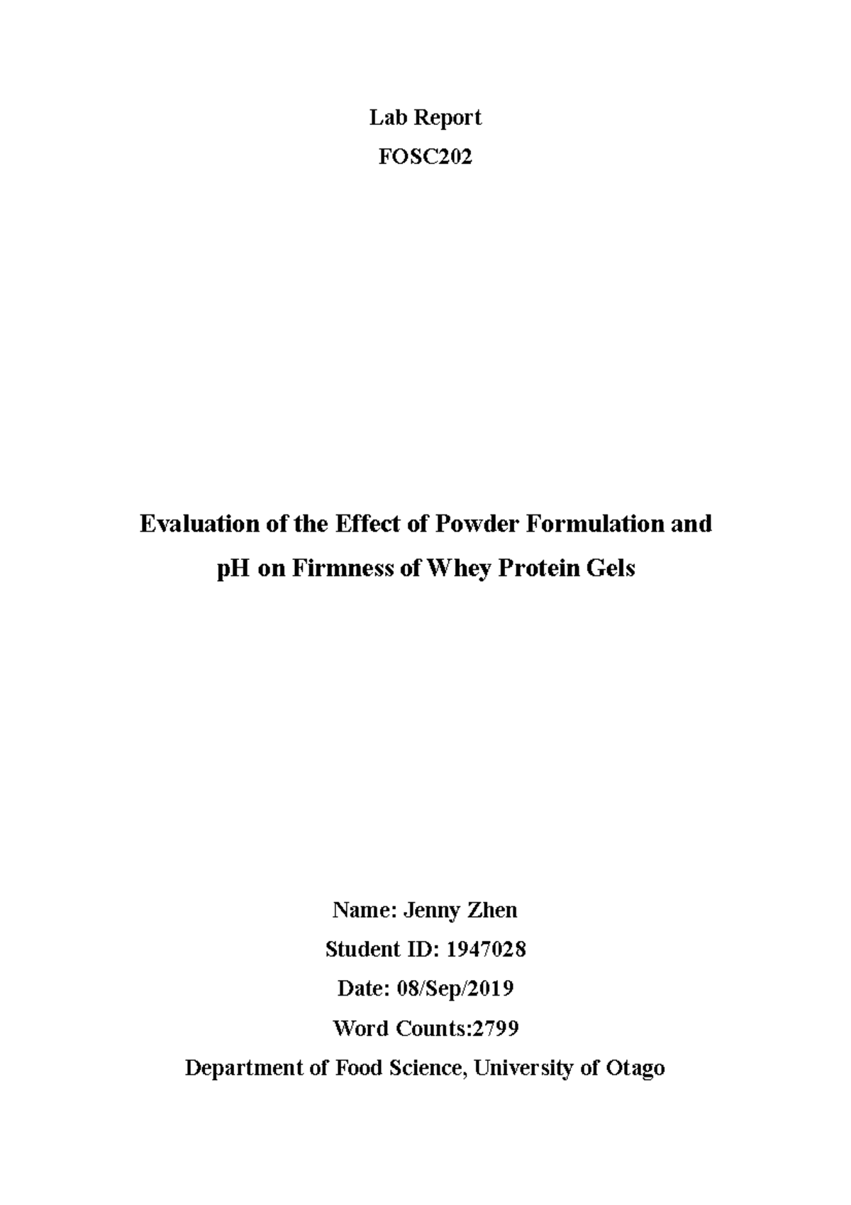 Lab Report (Dairy) - Lab Report FOSC Evaluation of the Effect of Powder ...