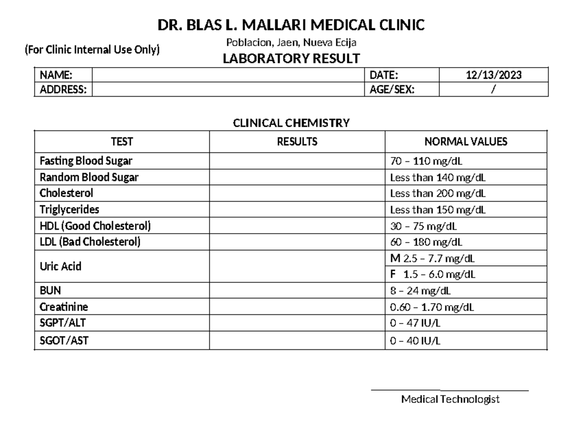 Chemistry Result - asdadasd - (For Clinic Internal Use Only) DR. BLAS L ...