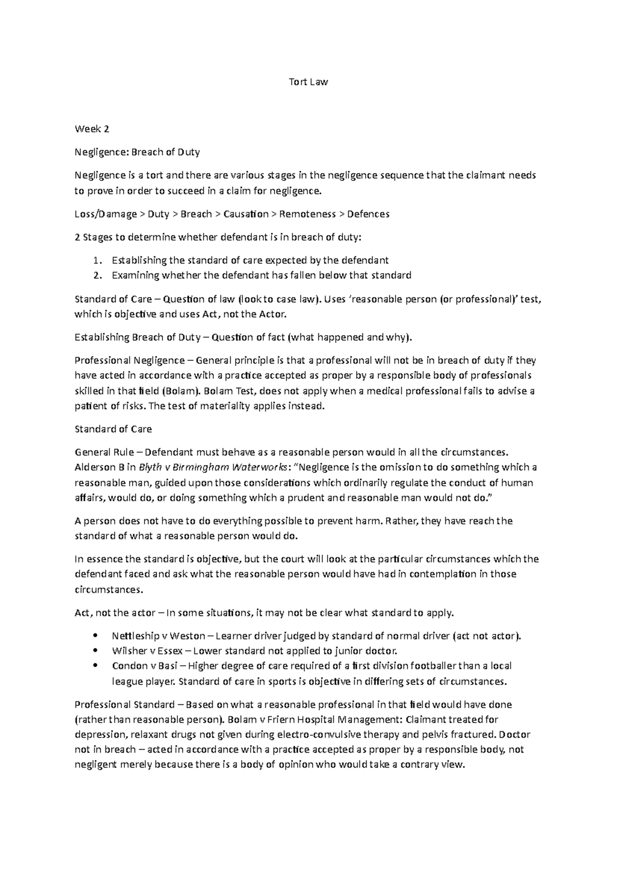 Tort Law - TL notes - Tort Law Week 2 Negligence: Breach of Duty ...