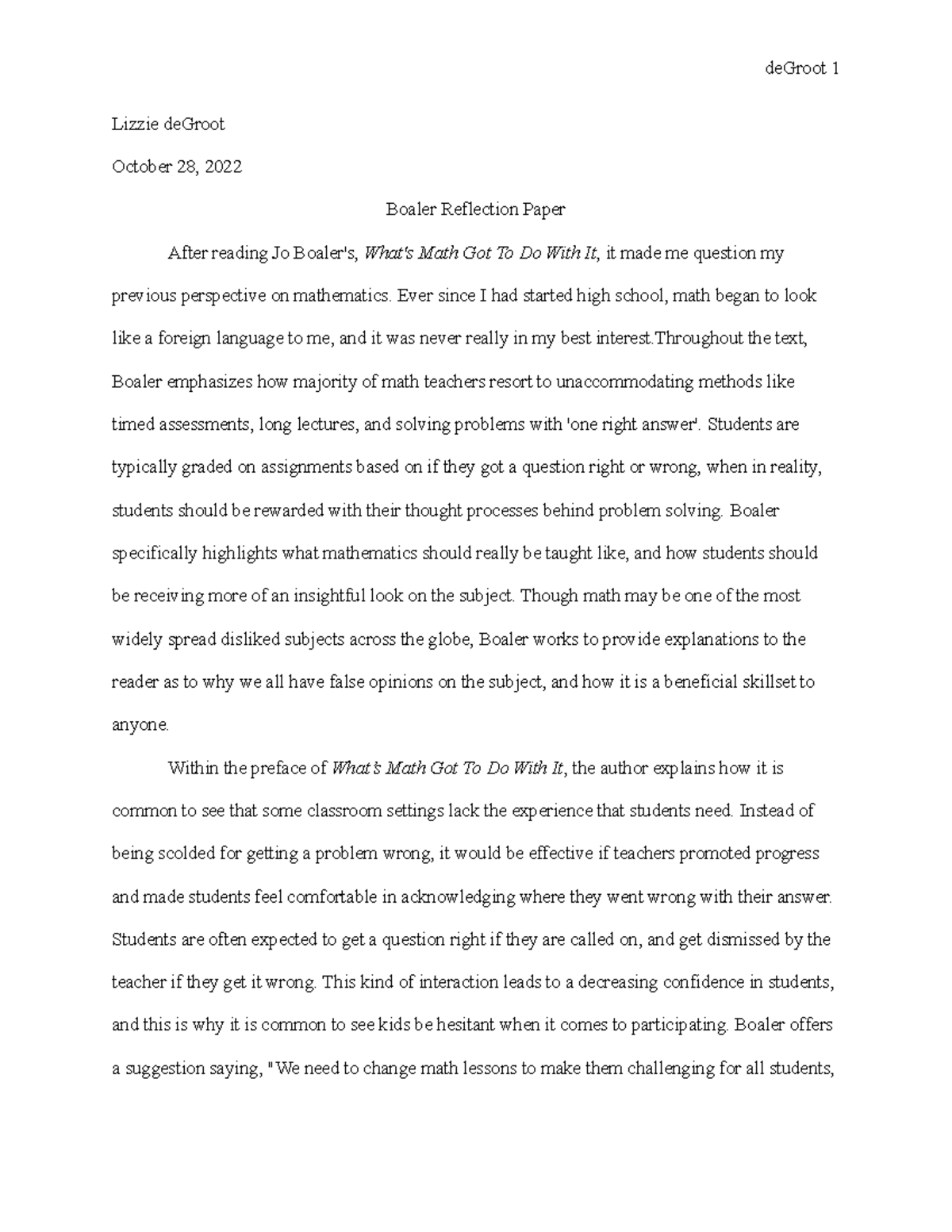 Boaler Math Paper - Lizzie deGroot October 28, 2022 Boaler Reflection ...
