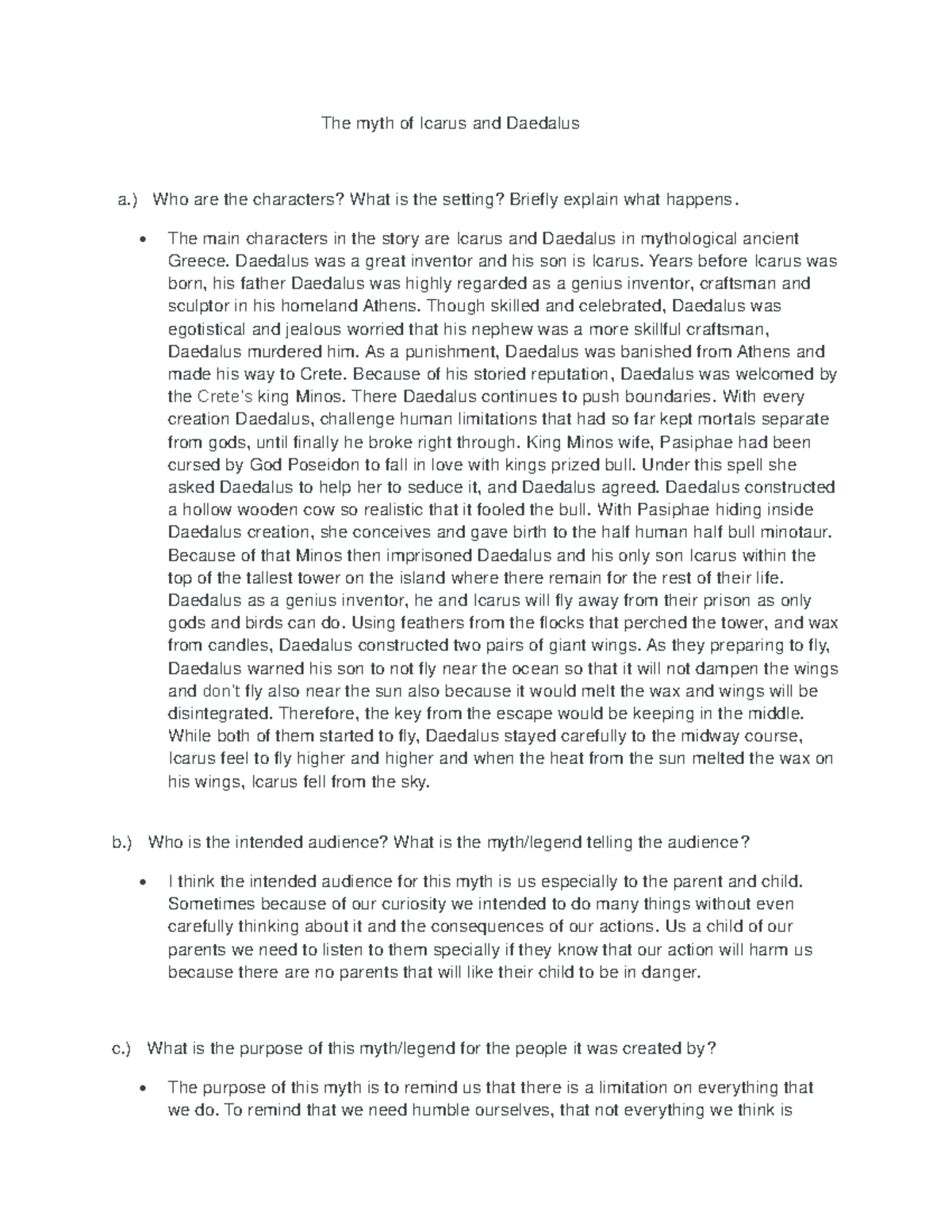 The myth of Icarus and Daedalus - ) Who are the characters? What is the ...