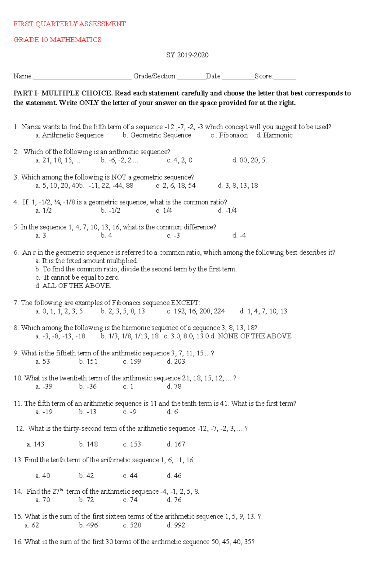 1st Periodic Test - Math 10 - FIRST QUARTERLY ASSESSMENT GRADE 10 ...