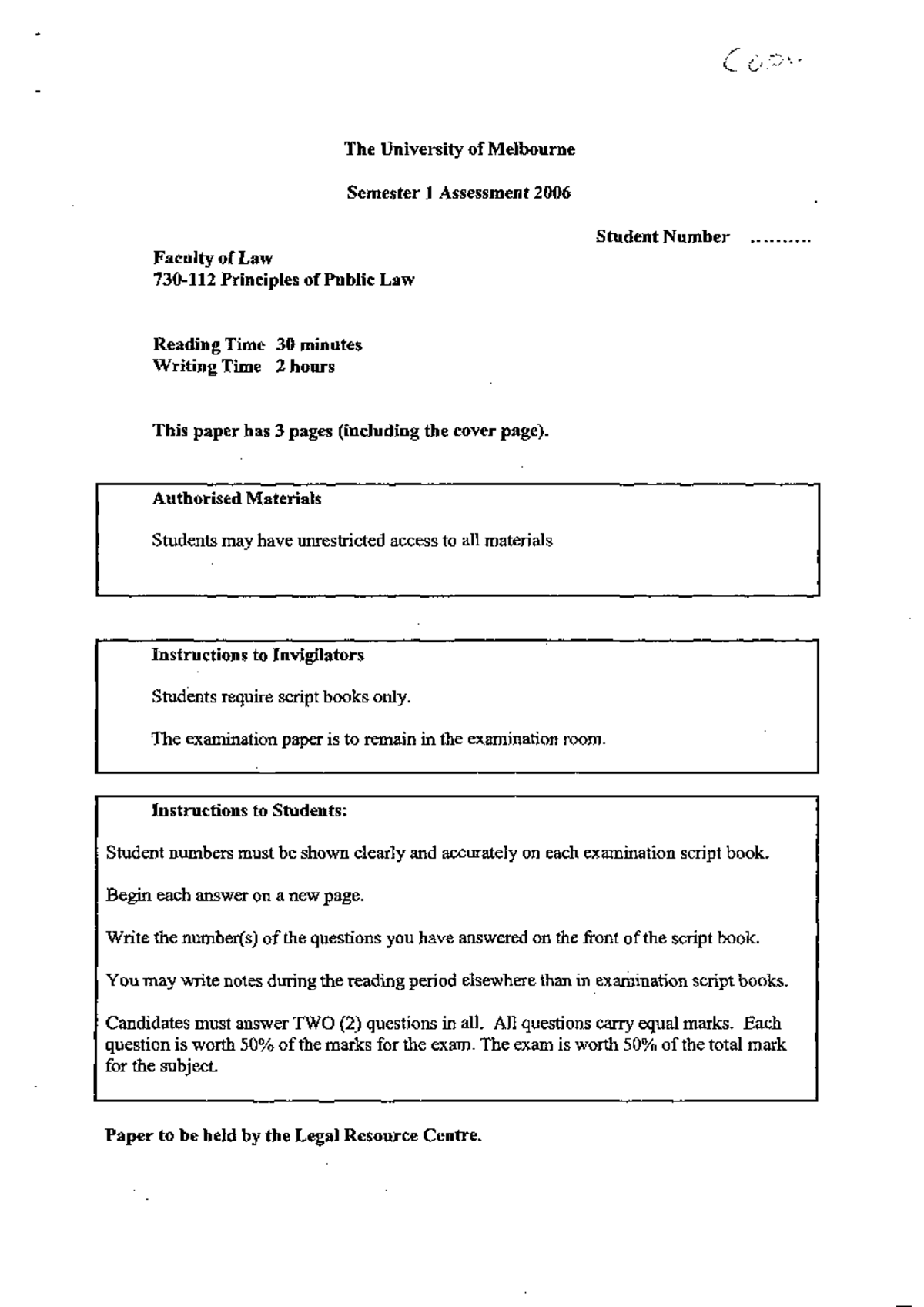 PPL-2006 - Past exam - C OP 1 " The University of Melbourne Semester 1 ...