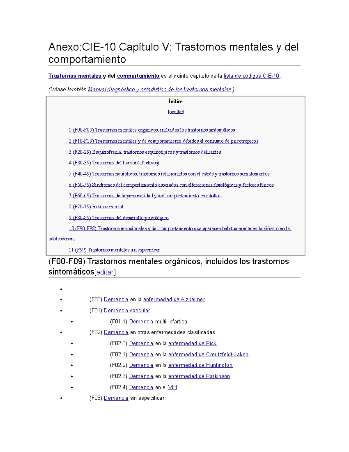 Anexo trastornos mentales - Anexo:CIE-10 Capítulo V: Trastornos mentales y del comportamiento ...
