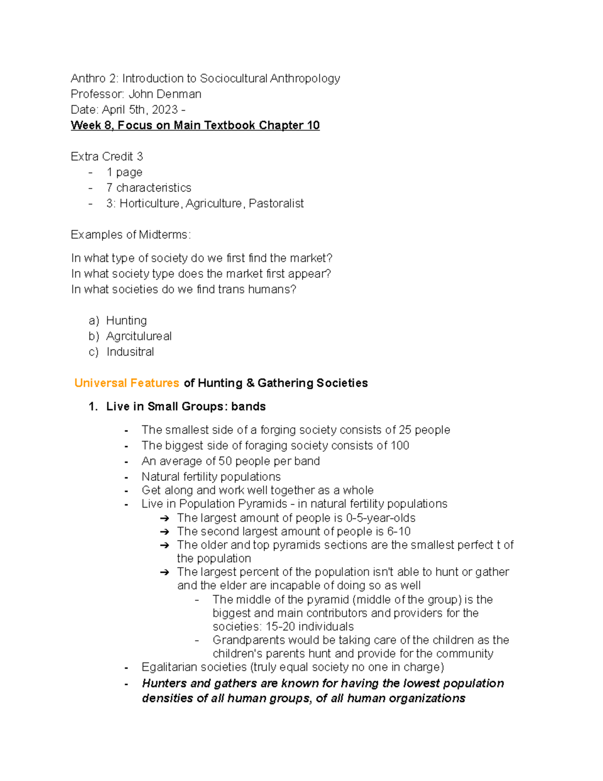 Anthropology Class Notes Week 8 April 5th - Anthro 2: Introduction to ...