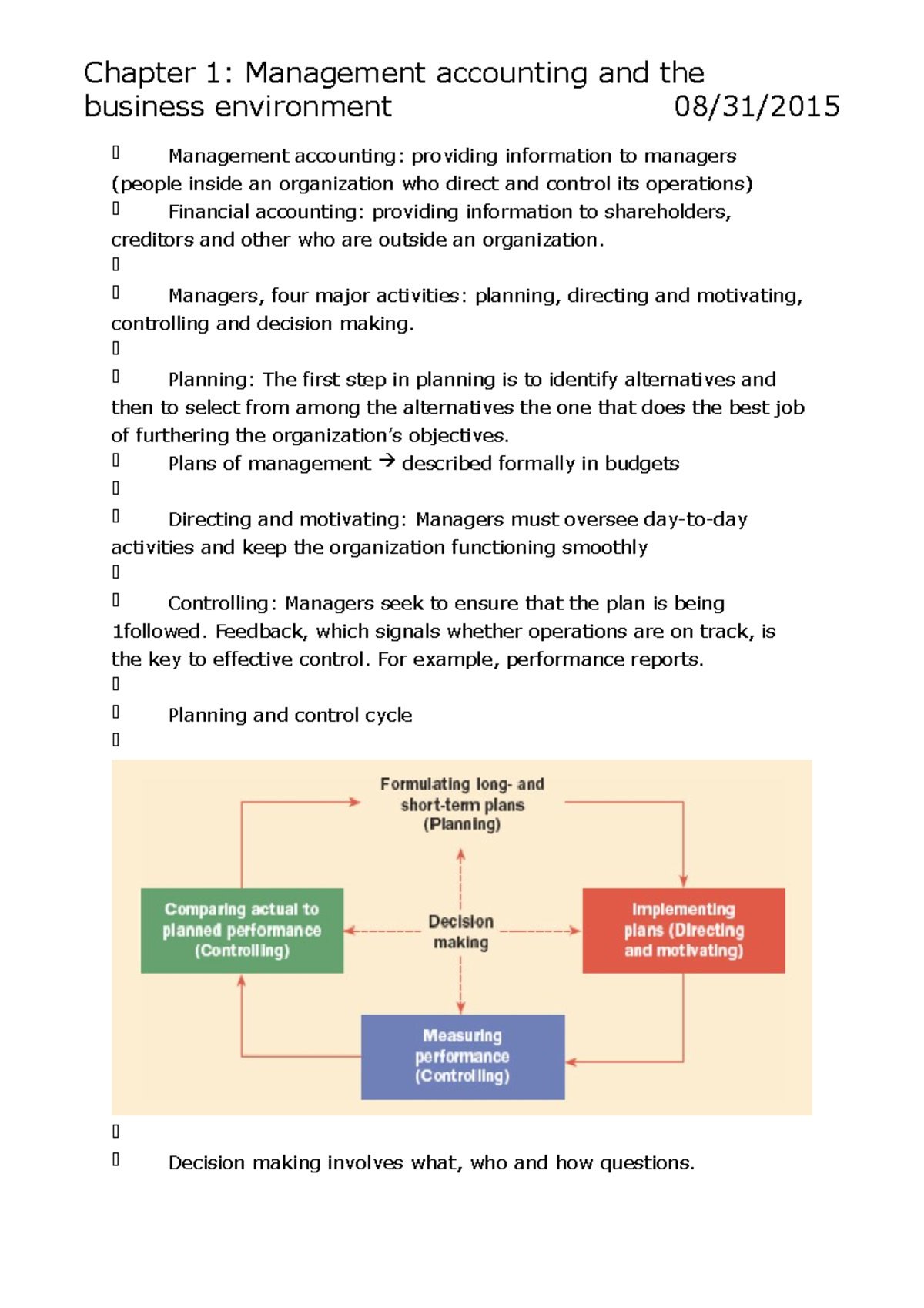 CMA notes - Chapter 1: Management accounting and the business ...