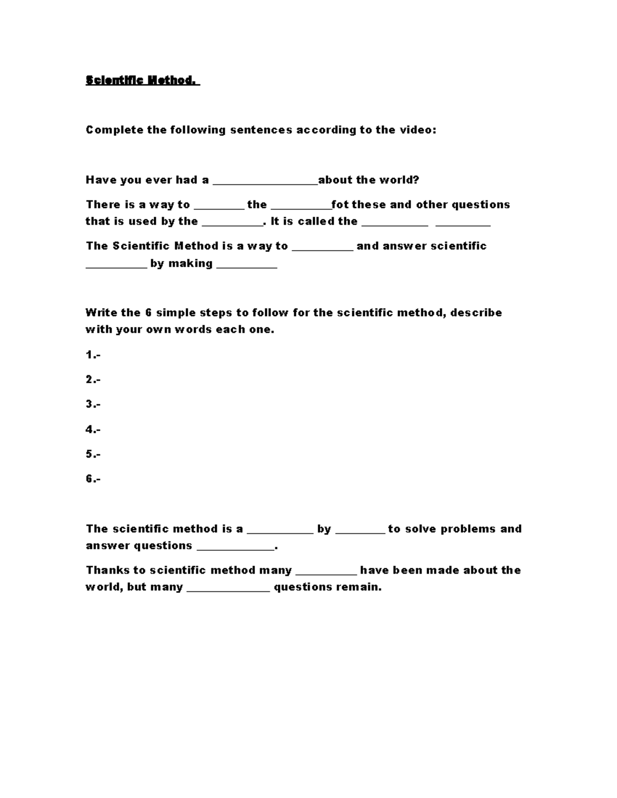 Scientific Method - Complete the following sentences according to the ...