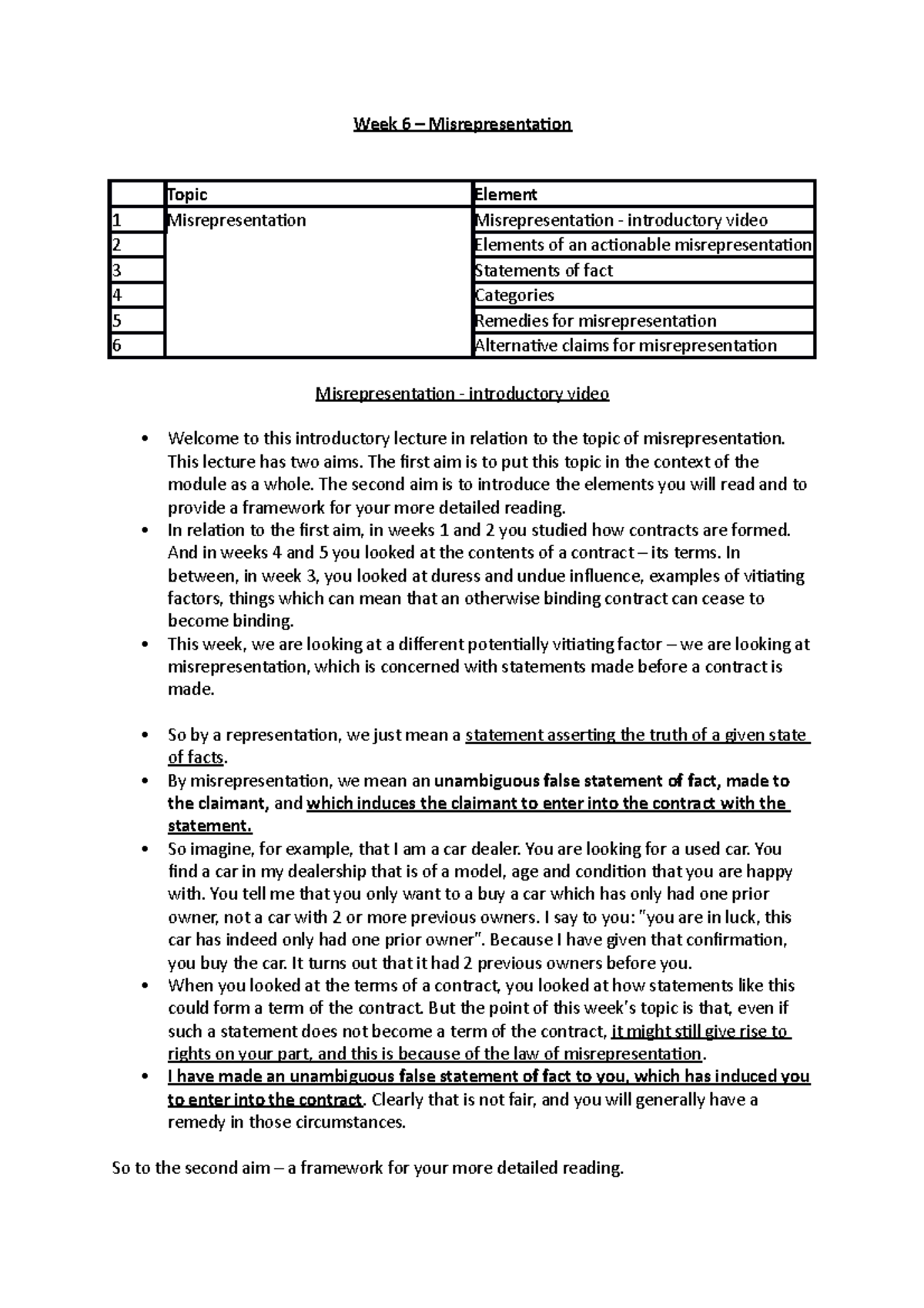 Week 6 – Misrepresentation - Week 6 – Misrepresentation Topic Element 1 ...