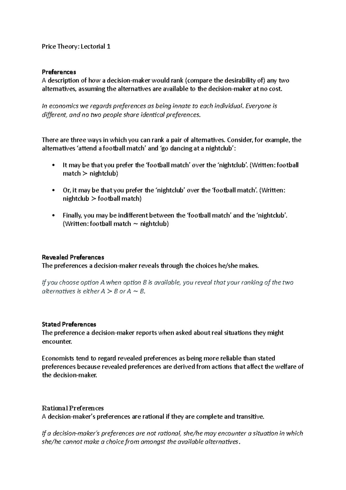 Price Theory - Lecture notes 1-2 - Price Theory: Lectorial 1 ...