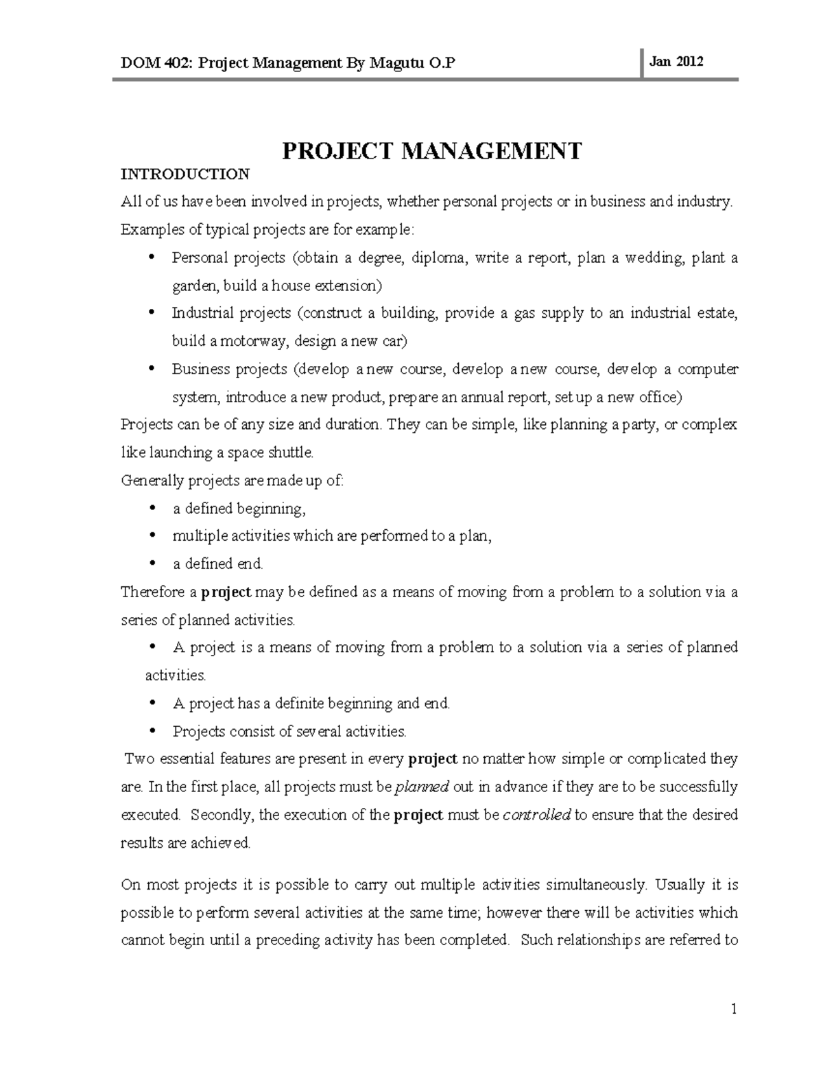 DOM 402 Project Management Notes Magutu 2012 - PROJECT MANAGEMENT ...