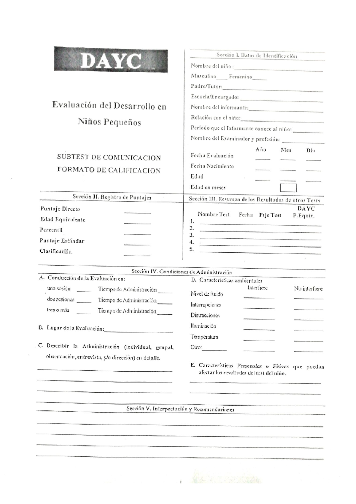 DAYC Subtest DE Comunicación Formato DE Calificación - psicología del ...