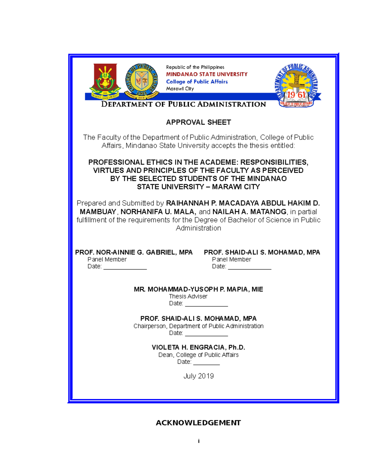 Approval Sheet Final NA - APPROVAL SHEET The Faculty of the Department ...