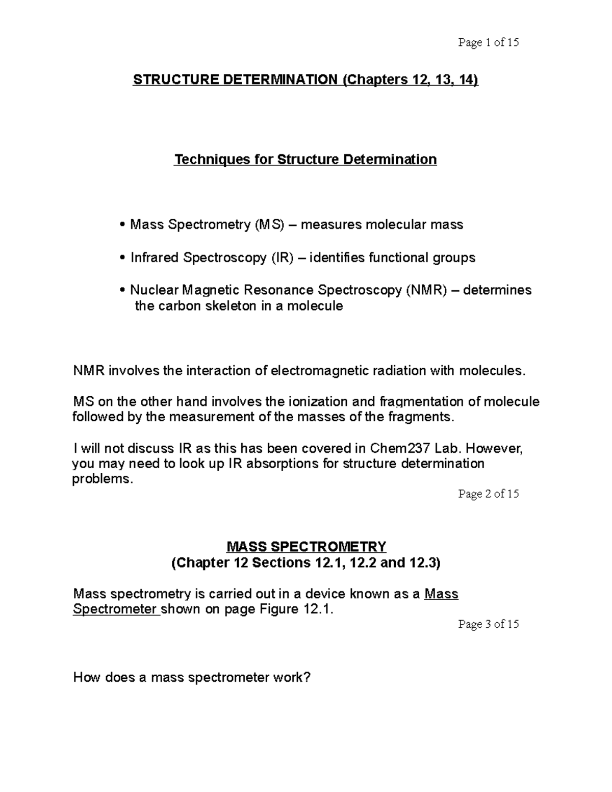Mass Spectrometry Notes - Page 1 of 15 STRUCTURE DETERMINATION ...