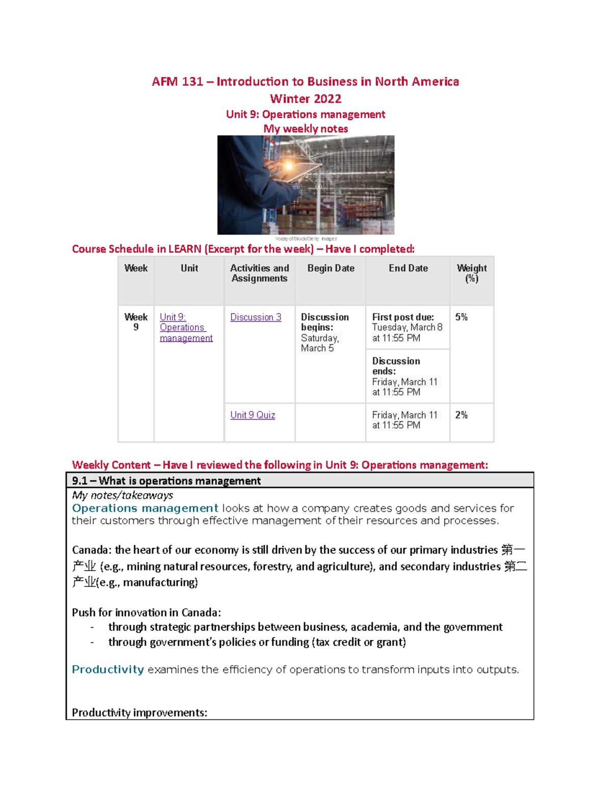 AFM 131 - Unit 9 - My Weekly Notes - Afm 131 - UWaterloo - Studocu