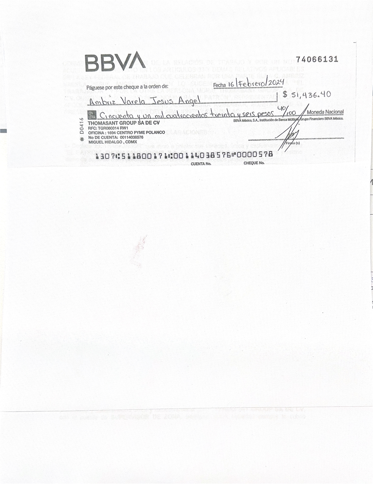 73 Cheque - Admin - BBVA 74066131 Fecha Páguese por este cheque a la ...