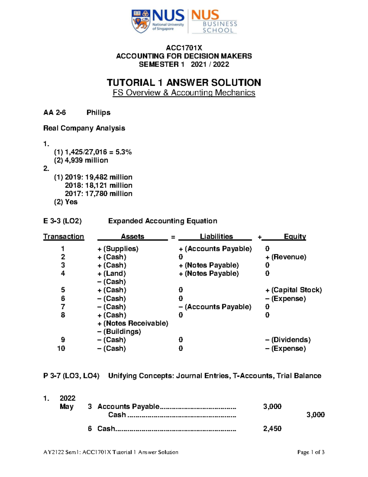 Tutorial 1 Answer Solution to Problem set 1 for week 3 - AY2122 Sem1 ...