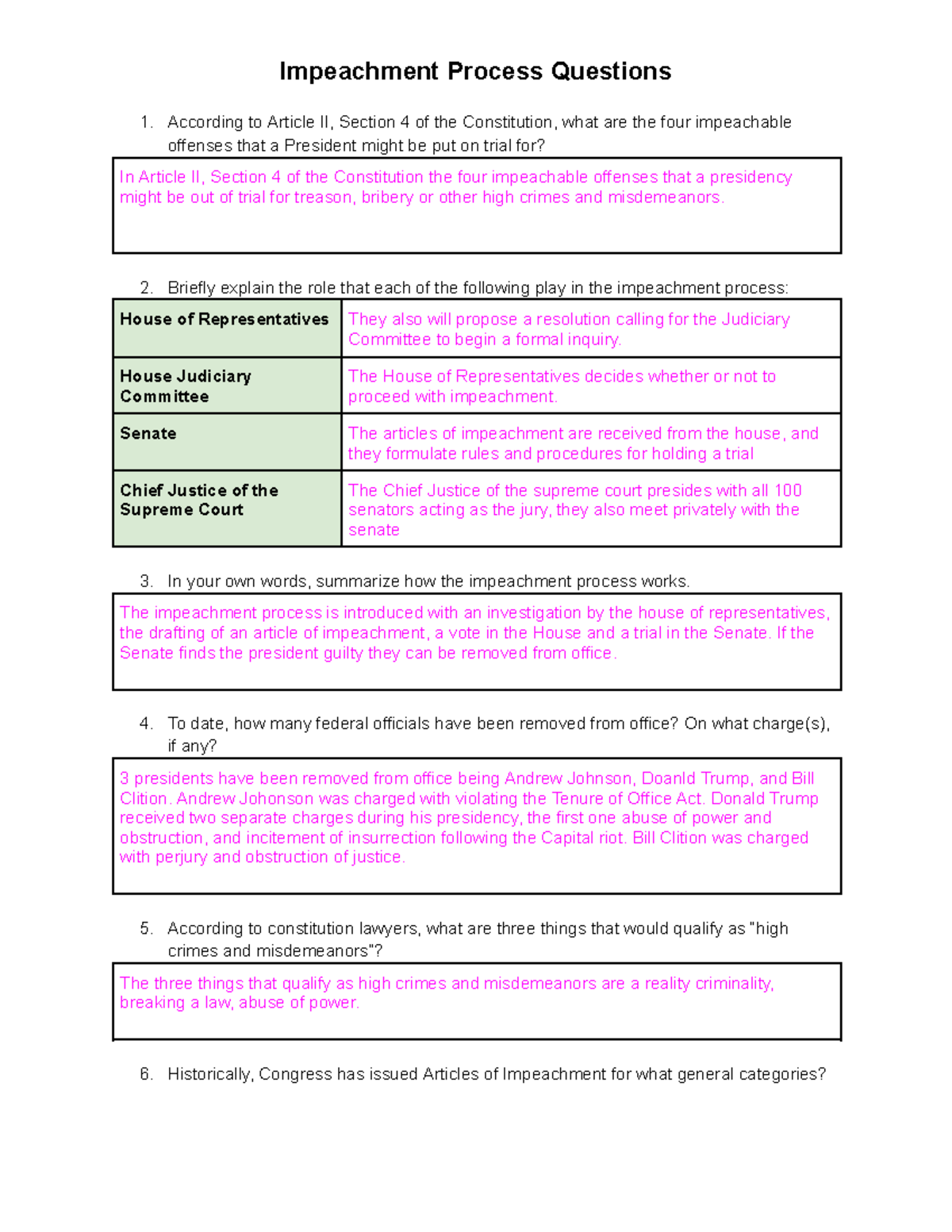 Impeachment Process Questions - According to Article II, Section 4 of ...