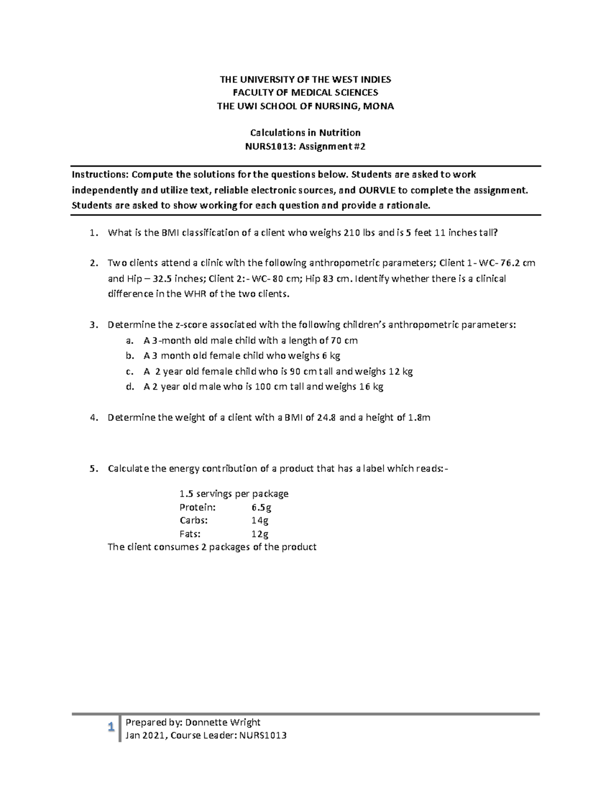 NURS1013- assignment ^N2 without key - 1 Prepared by: Donnette Wright ...