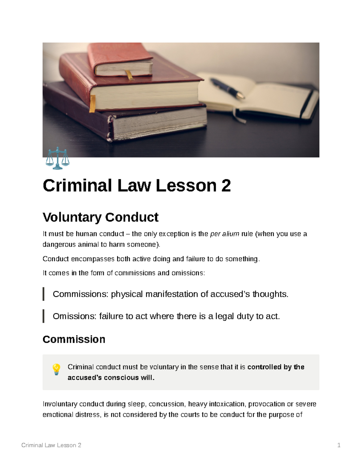 Criminal Law Lesson 2 - ⚖ Criminal Law Lesson 2 Voluntary Conduct It ...
