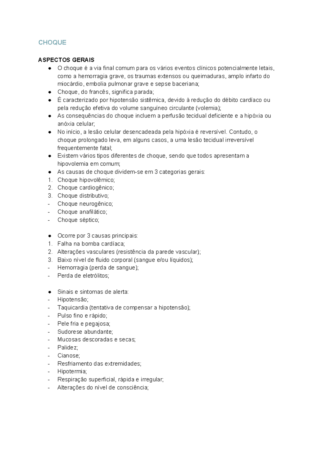 Patologia - 14 - Choque - RESUMO COMPLETO DA MATÉRIA. - CHOQUE ASPECTOS ...