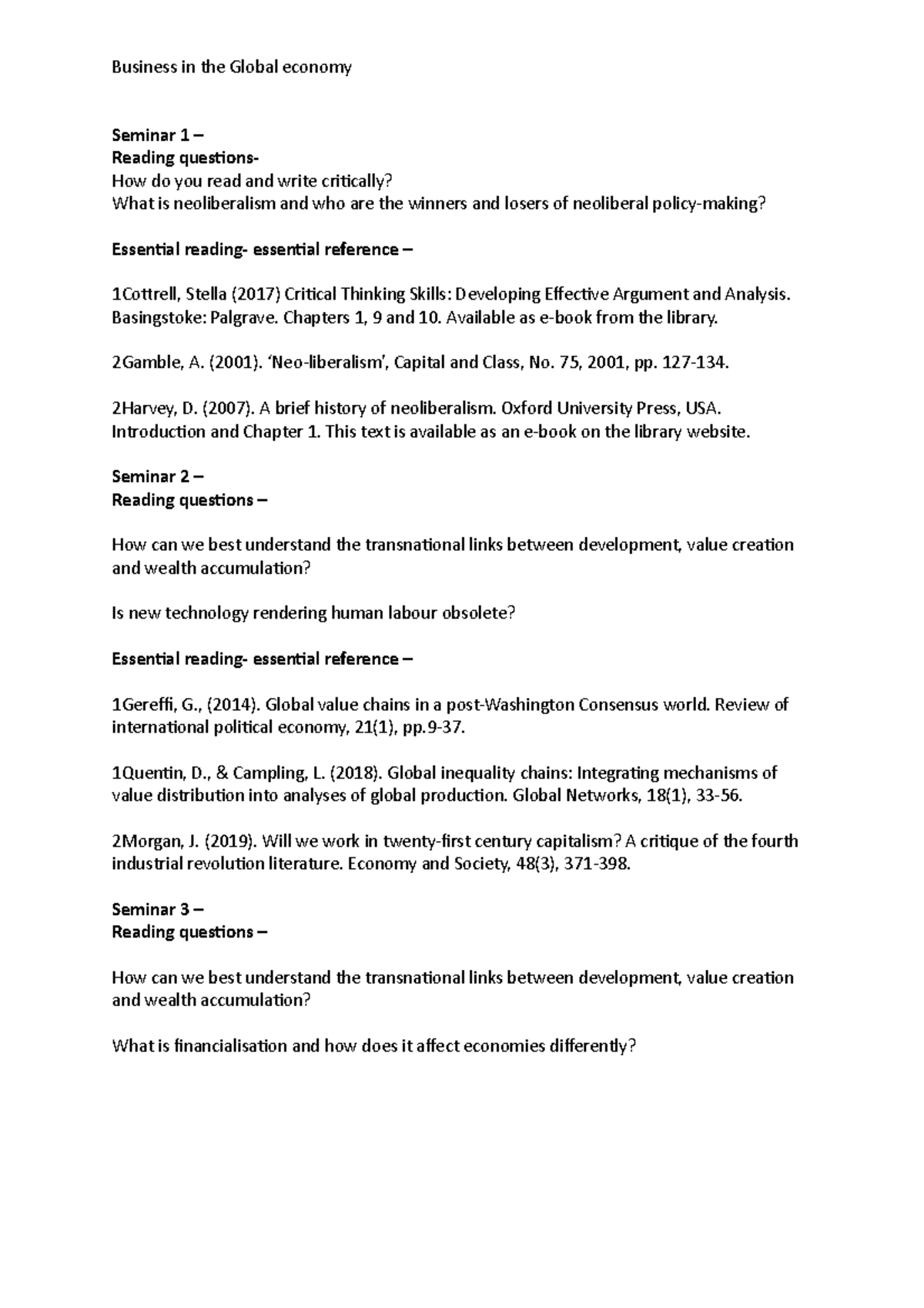 Seminar breakdown for BIGE - Business in the Global economy Seminar 1 ...
