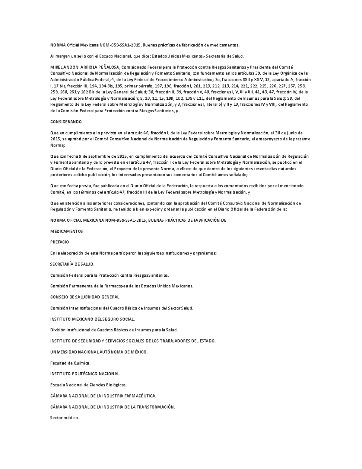 Normas - NORMA Oficial Mexicana NOM- 059 - SSA1-2015, Buenas prácticas ...