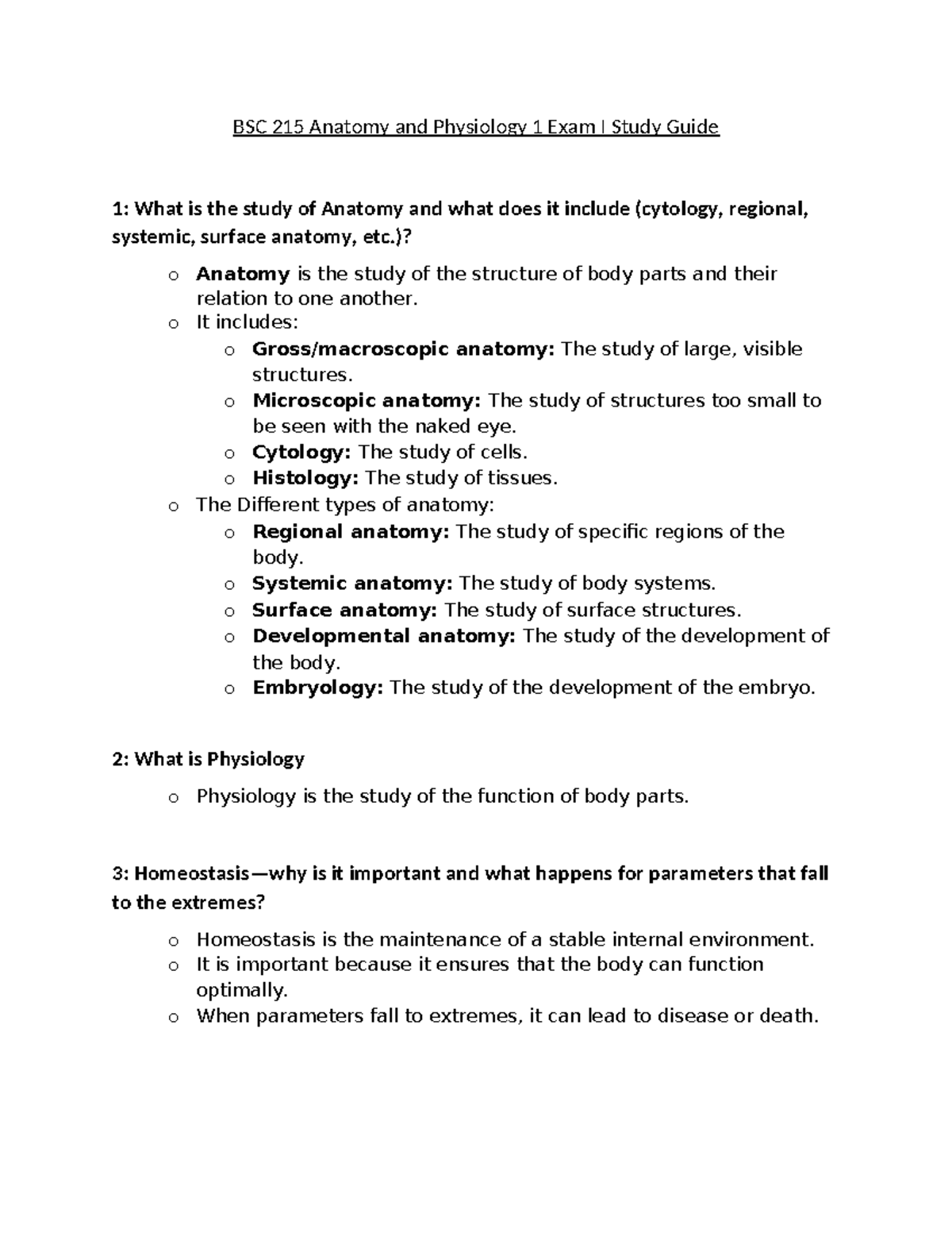 Study Guide EXAM 1 - BSC 215 Anatomy and Physiology 1 Exam I Study ...