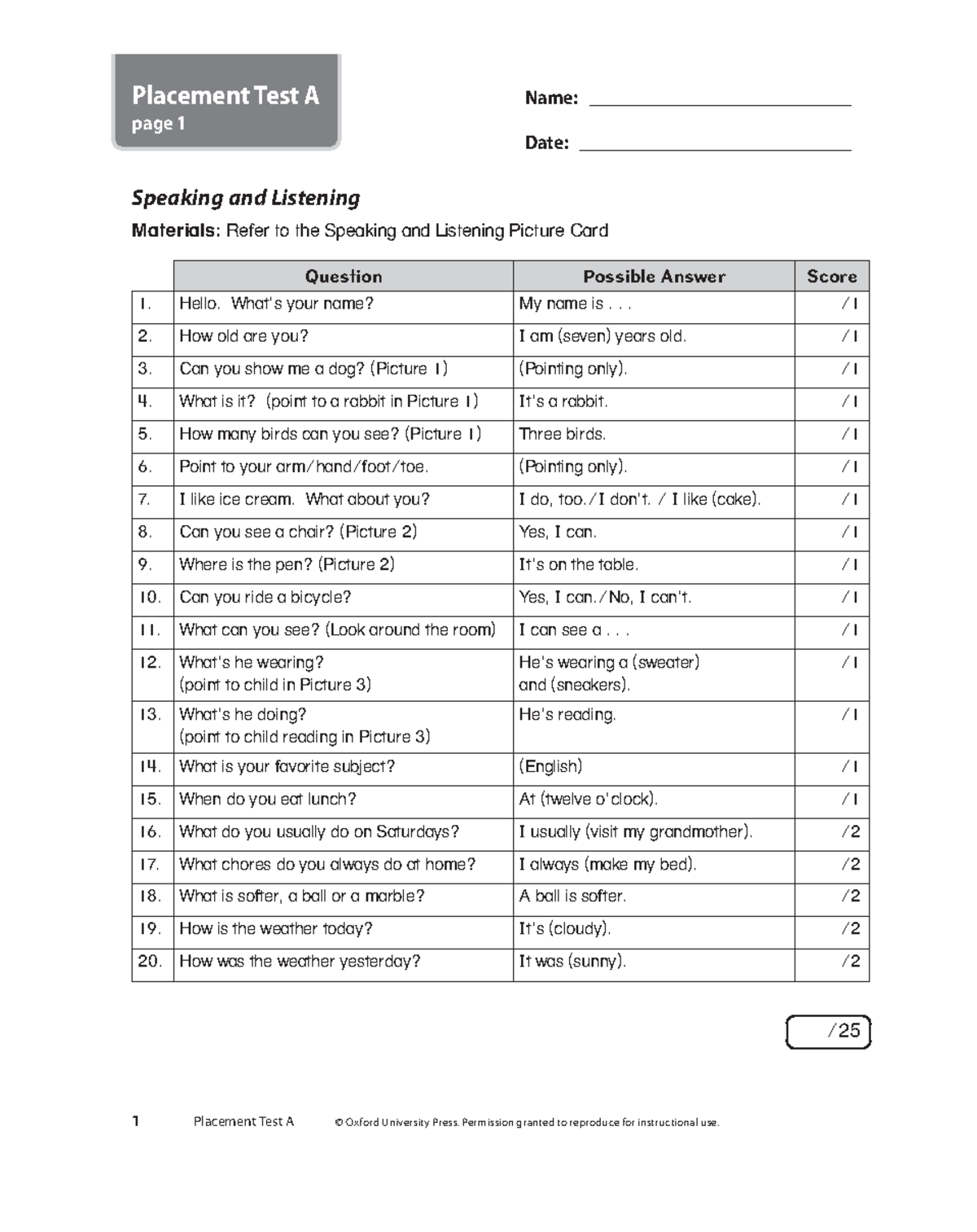 Placement Test A - / Placement Test A ####### page 1 ####### Date ...