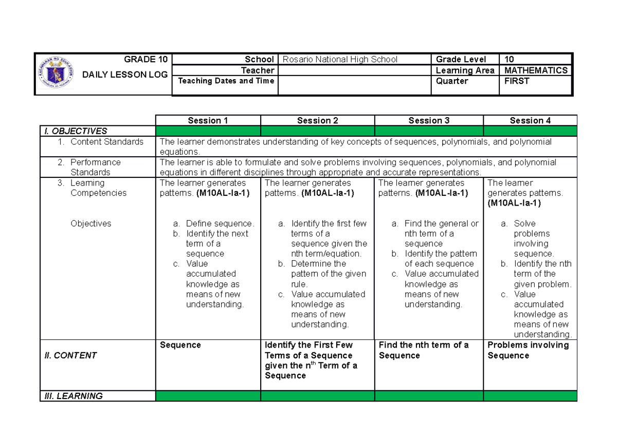 G10 DLL First Quarter Lesson Plan GRADE 10 DAILY LESSON LOG School