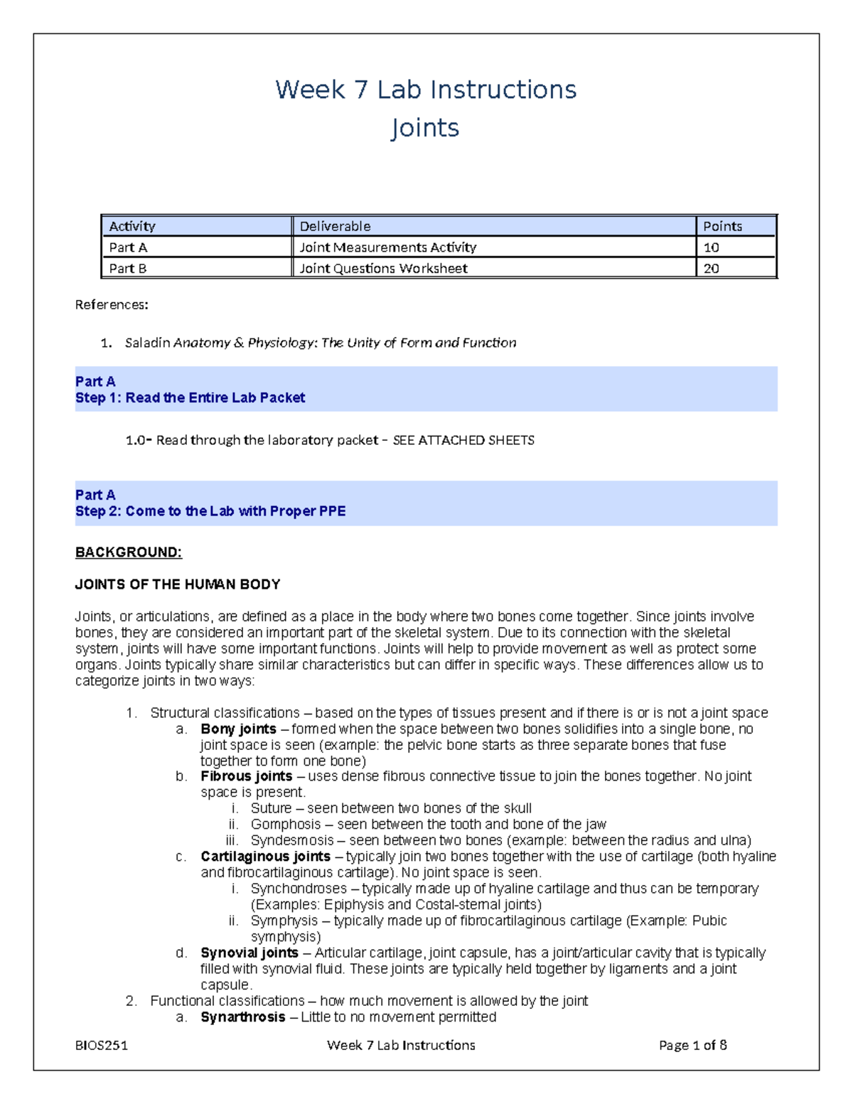 BIOS251 W7 Lab Instructions - Week 7 Lab Instructions Joints Activity ...
