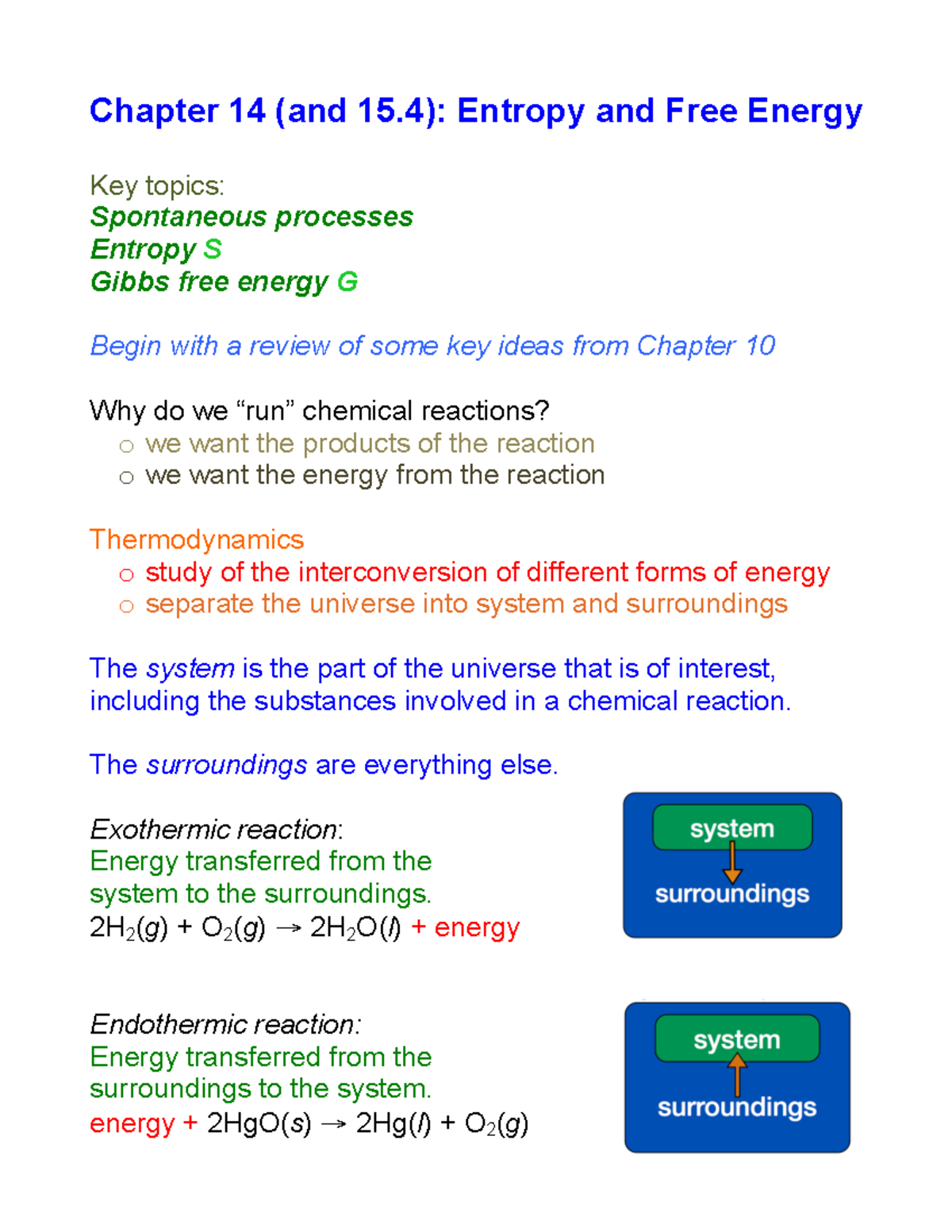 Chapter 14 - notes - Chapter 1 4 (and 15): Entropy and Free Energy Key ...