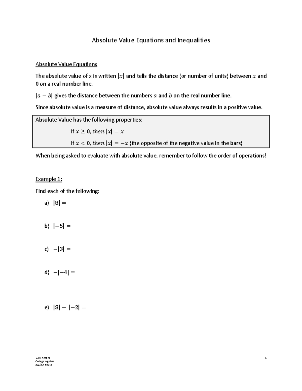2.6 and 2.7 Absolute Value Equations and Inequalities - L. St. Amand 1 ...