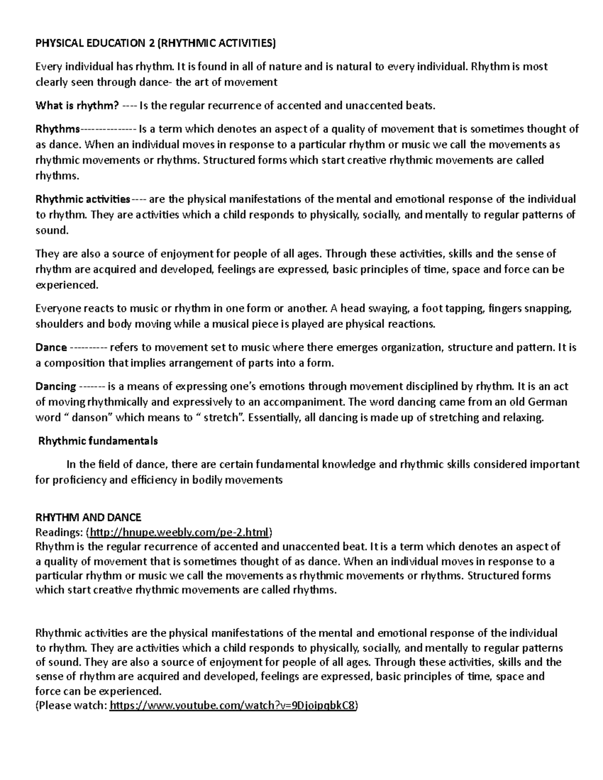 Physical Education 2 - PHYSICAL EDUCATION 2 (RHYTHMIC ACTIVITIES) Every ...