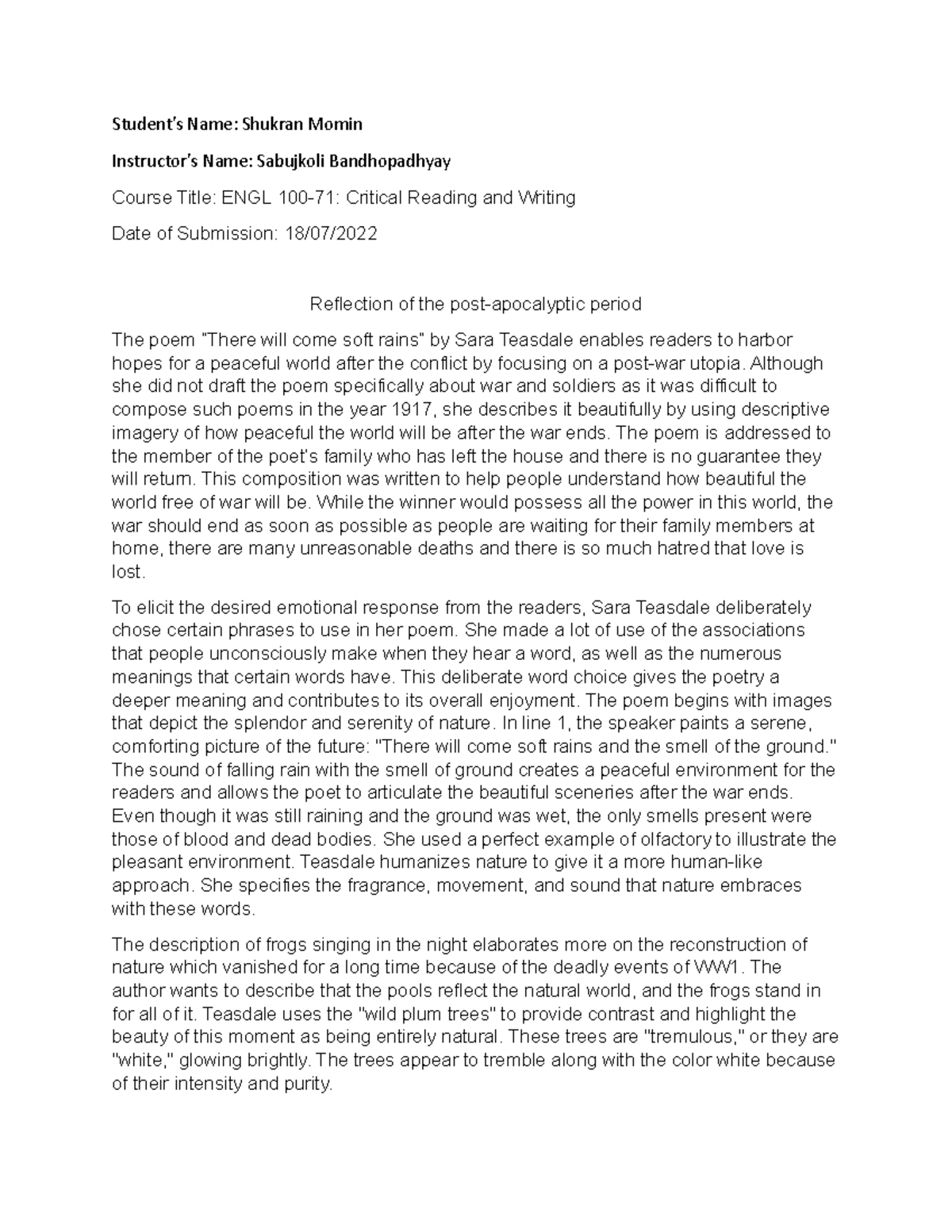 English Assignment - There will come soft rain by Sara Teasdale ...