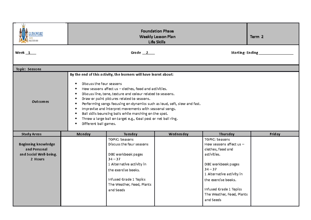LIFE Skills Lesson Plans Grade 2 WEEK 1 1 Foundation Phase Weekly