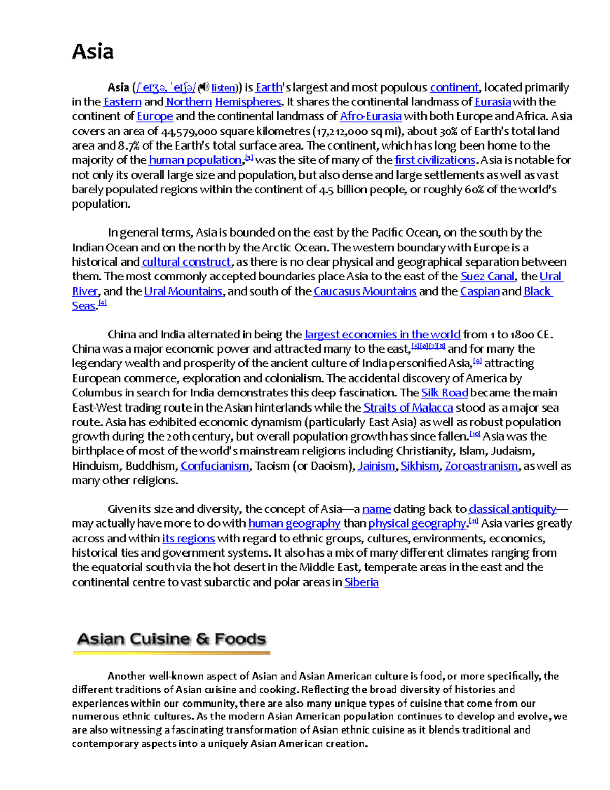 Asian Cuisine Long Lecture - Asia Asia (/ ˈ e ɪʒ ə, ˈ e ɪʃ ə/ ( listen ...