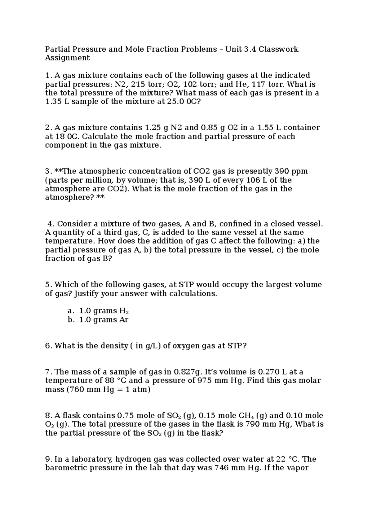 Partial Pressure and Mole Fraction Problems - What is the total ...