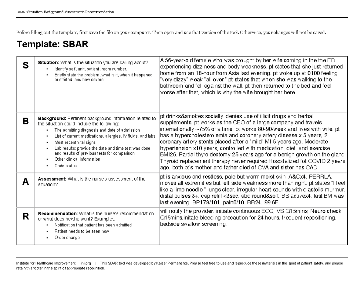 SBAR Stroke - SBAR - SBAR: Situation-Background-Assessment ...