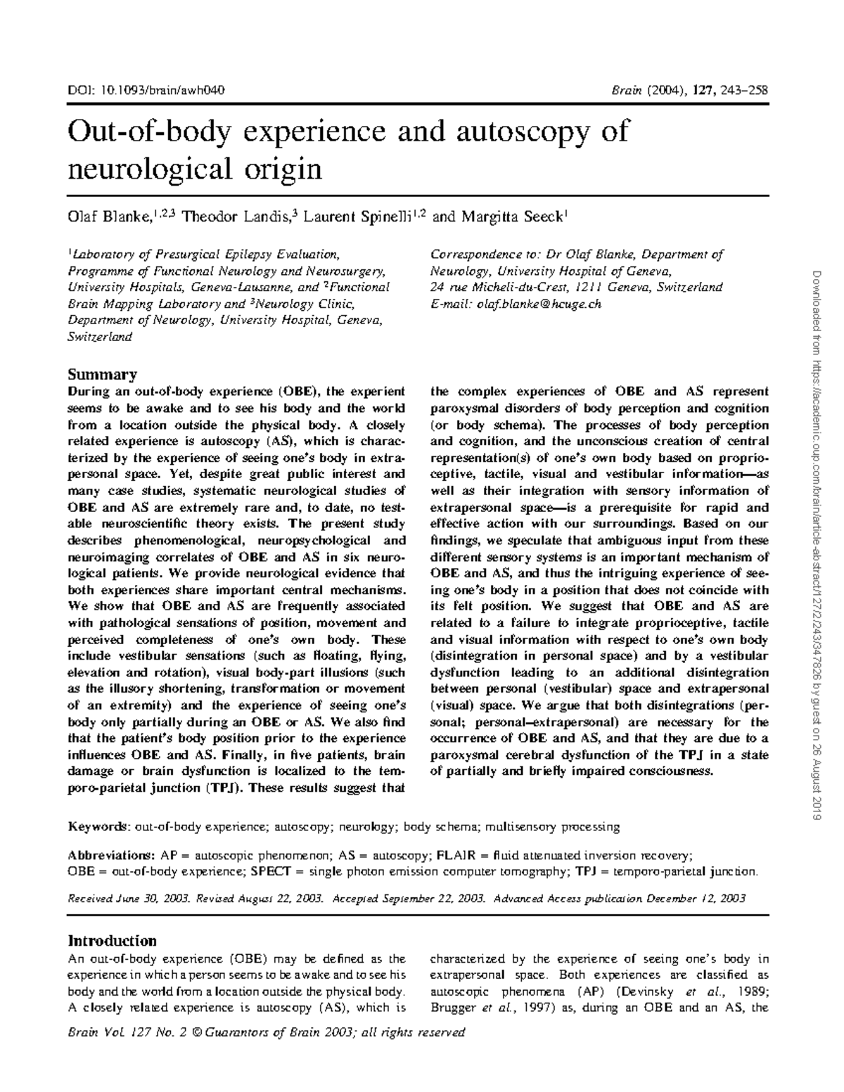Out-of-body experience and autoscopy of neurological origin - Out-of ...