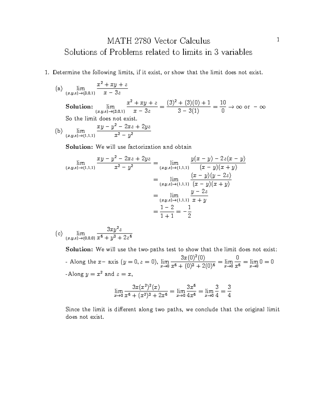 2780 Extra HWLimits Solutions S21 - MATH 2780 Vector Calculus 1 Solutions of Problems related to ...