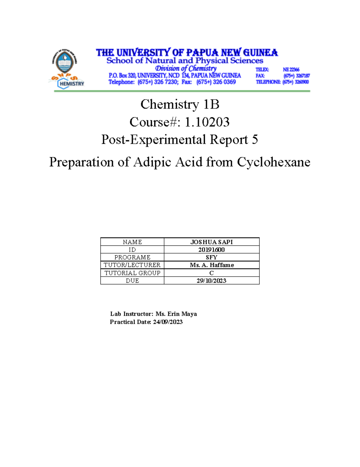 Cem Practical#6 053408 - Chemistry 1B Course#: 1. Post-Experimental ...