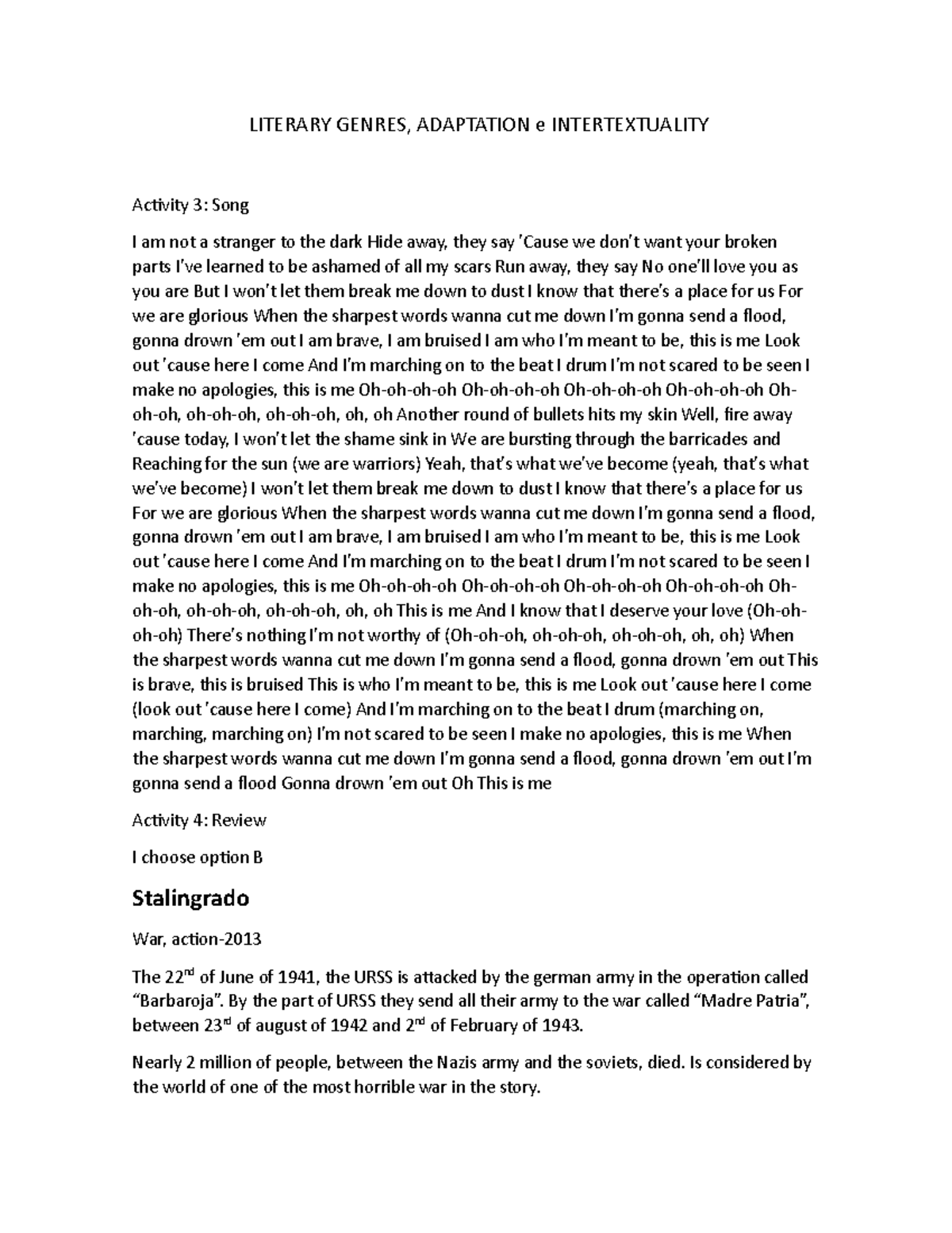 Literary Genres - notes - LITERARY GENRES, ADAPTATION e INTERTEXTUALITY ...