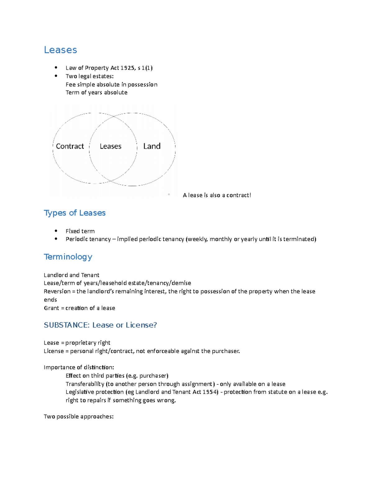 Leases - Land Law module, full lecture notes - Leases Law of Property ...