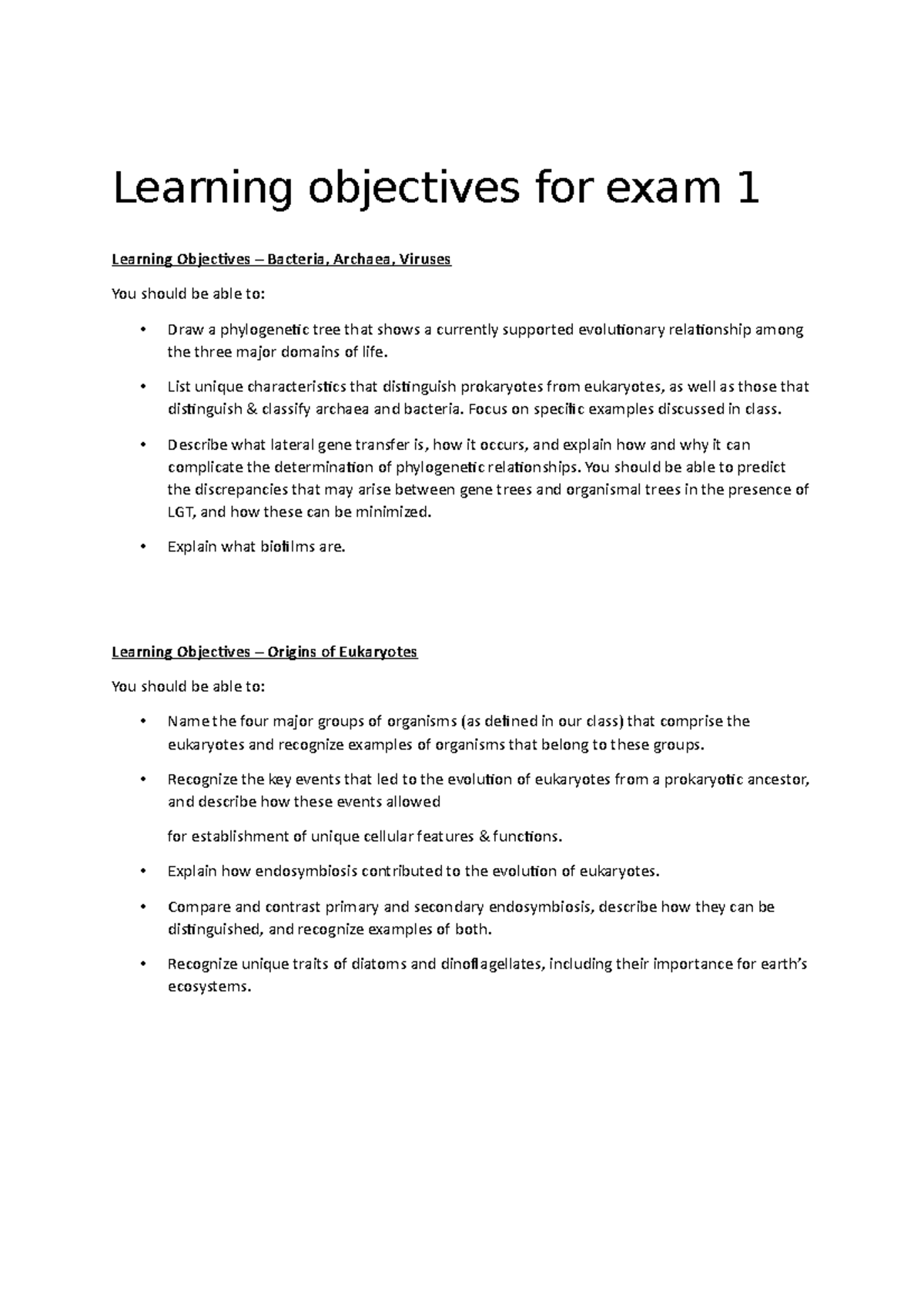 Learning objectives for exam 1 - List unique characteristics that ...