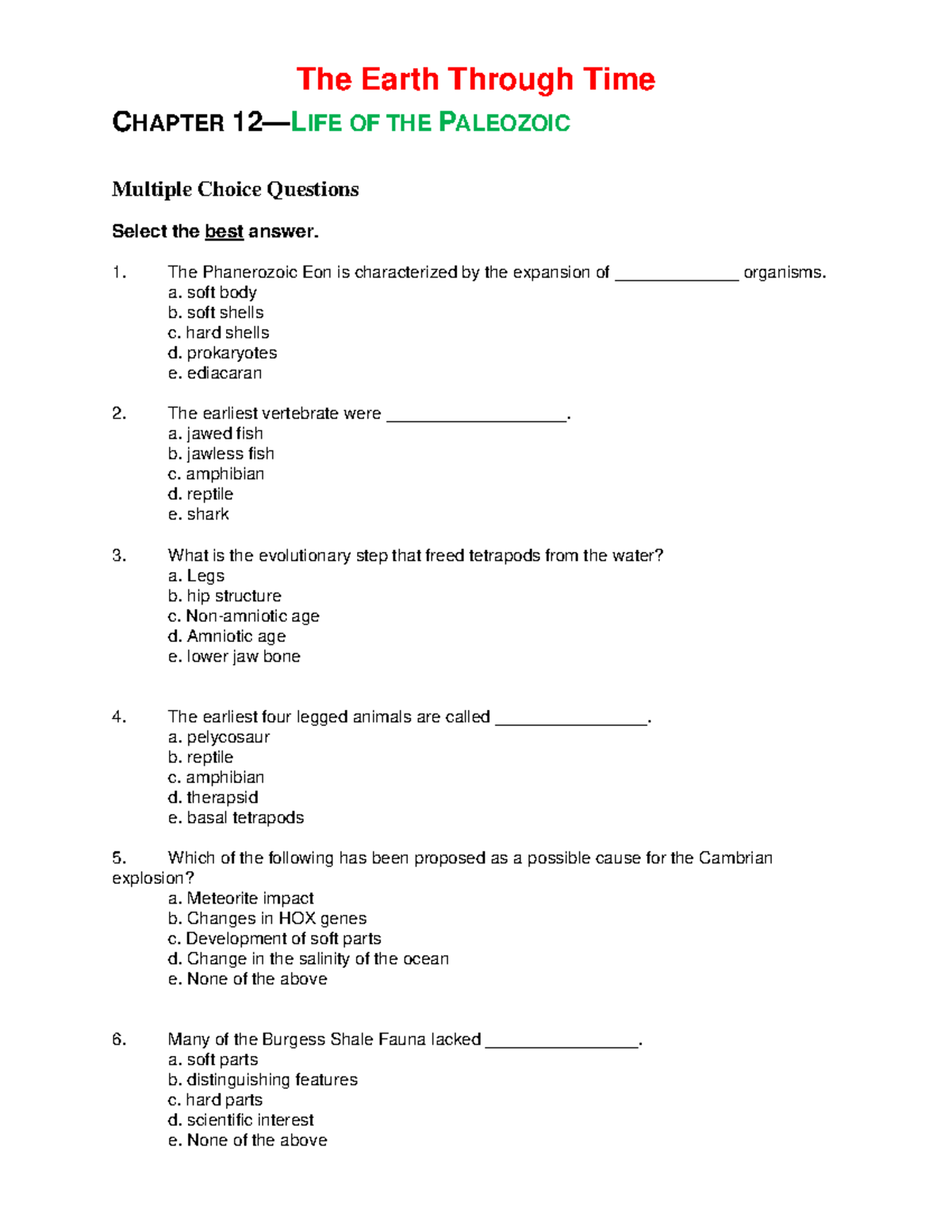 Ch12 Life of the Paleozoic Test - The Earth Through Time CHAPTER 12 ...