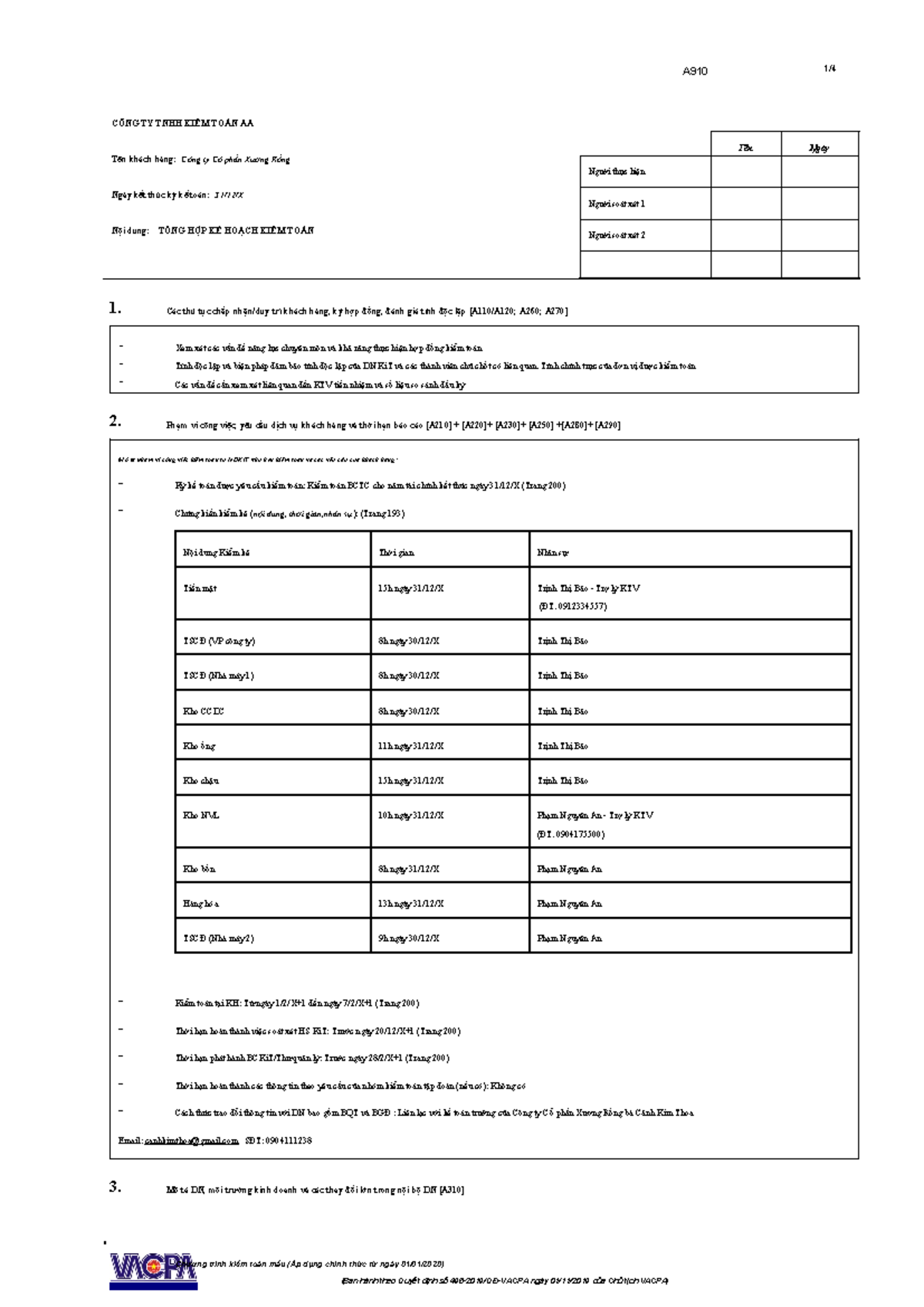 A910 - Tong hop ke hoach kiem toan(v) - ok - CÔNG TY TNHH KIỂM TOÁN AA Tên khách hàng: Công ty ...