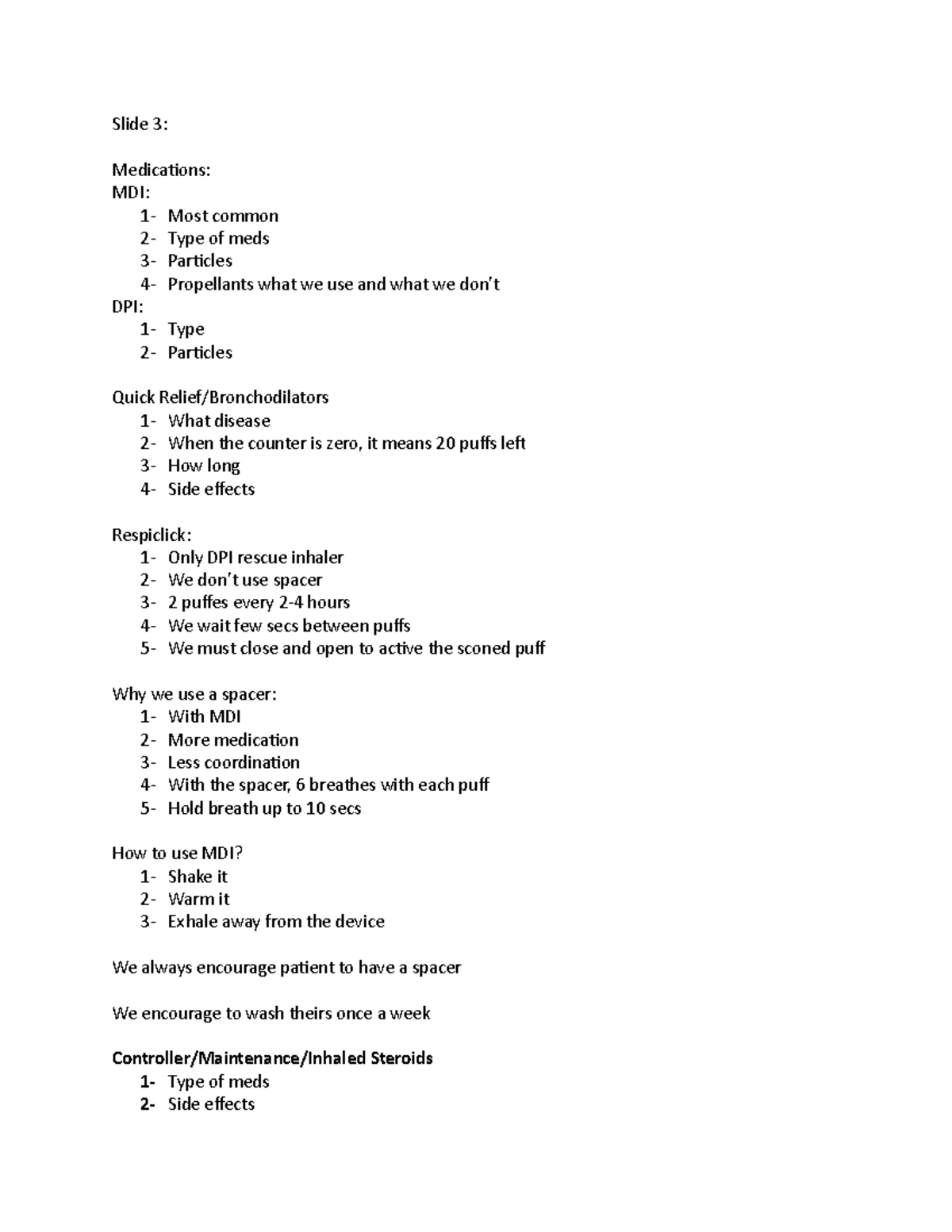 MDI, DPI lab - MDI and DPI review and summary - Slide 3: Medications ...