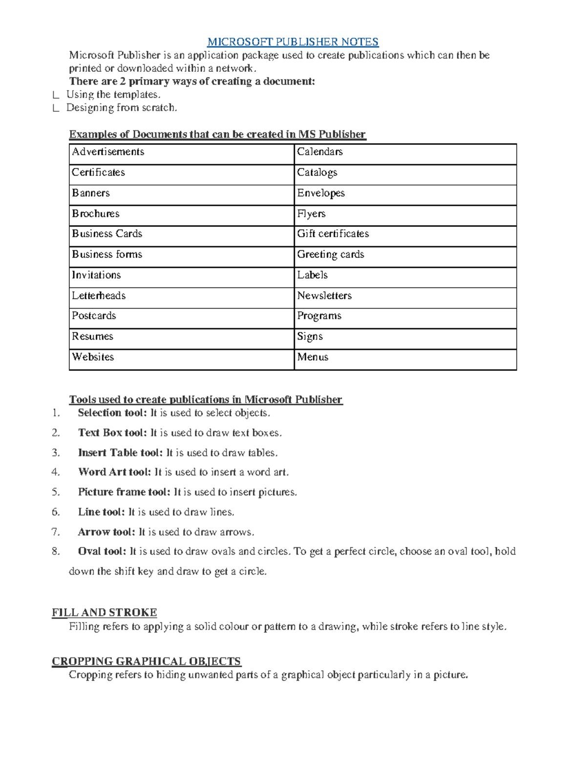 Microsoft Publisher Notes - MICROSOFT PUBLISHER NOTES Microsoft ...