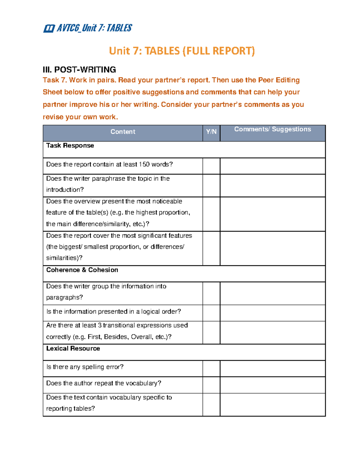 [Official] AVTC6 - Unit 7 - After class - 📖 AVTC6_Unit 7: TABLES Unit 7 ...